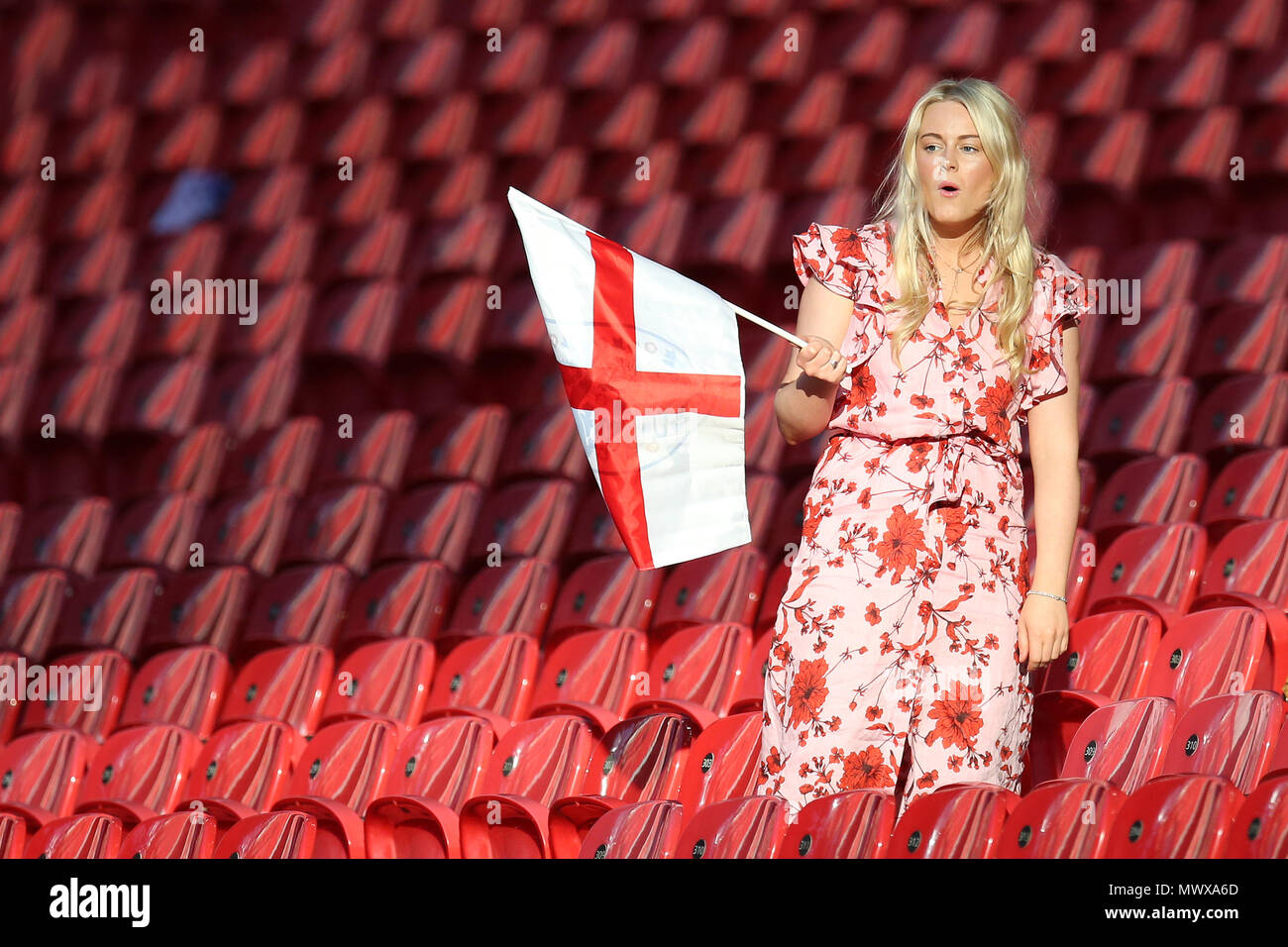 Wembley Stadium, London, UK. 2nd Jun, 2018. a female England fan looks ...