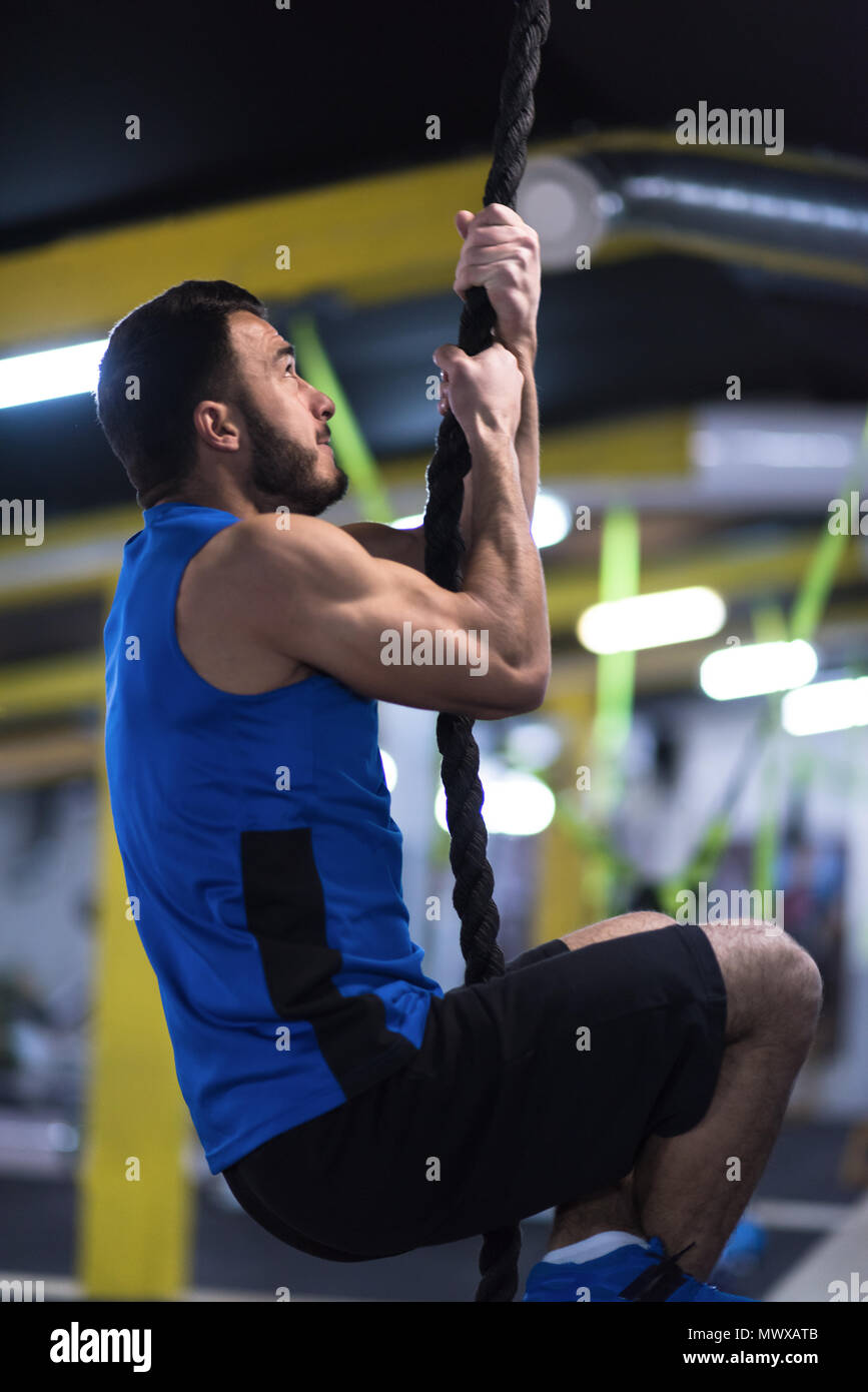 young muscular man doing rope climbing in cross fitness gym Stock Photo ...