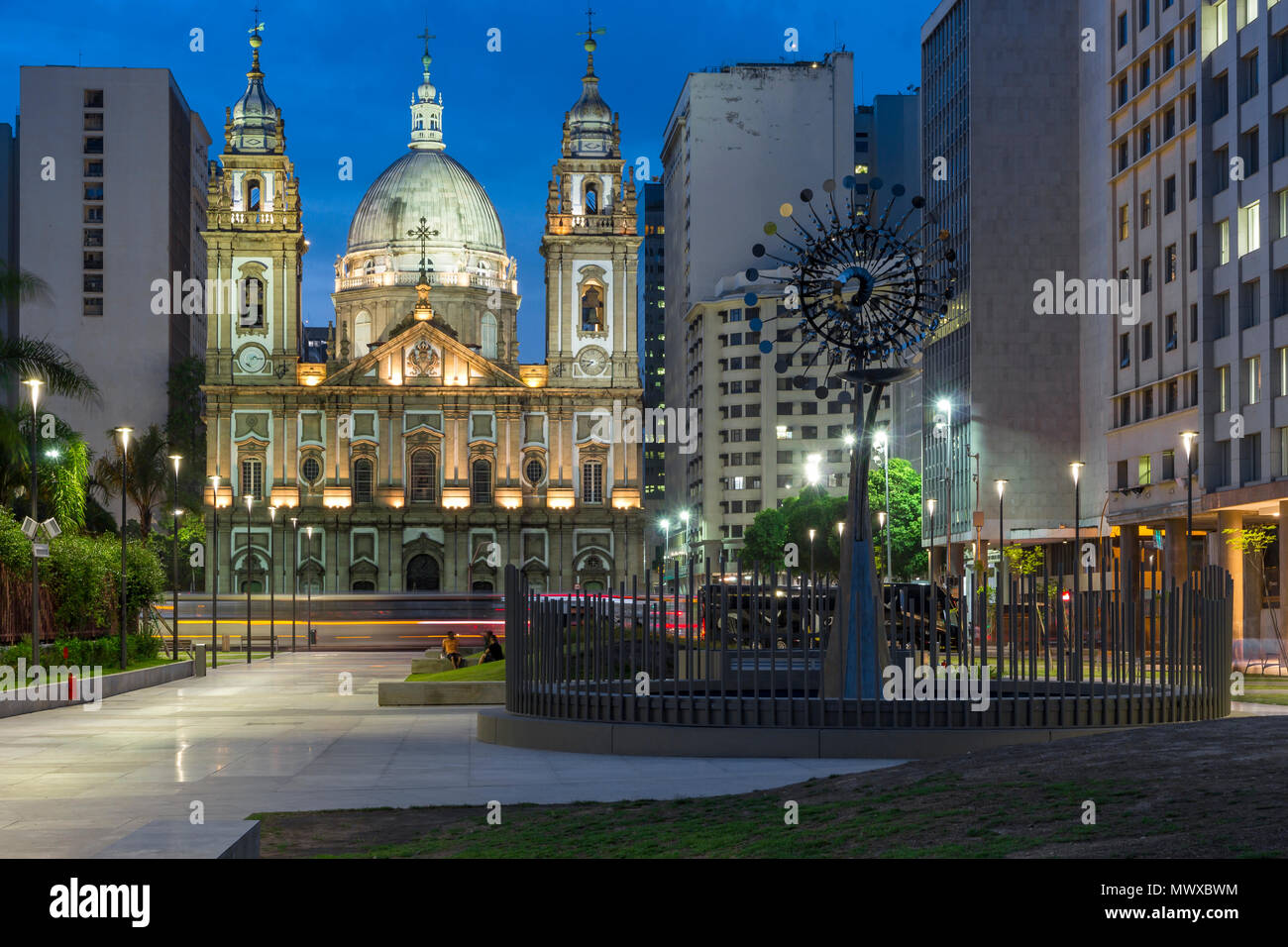 Illuminated Candelaria Church at dusk, Rio de Janeiro, Brazil, South ...