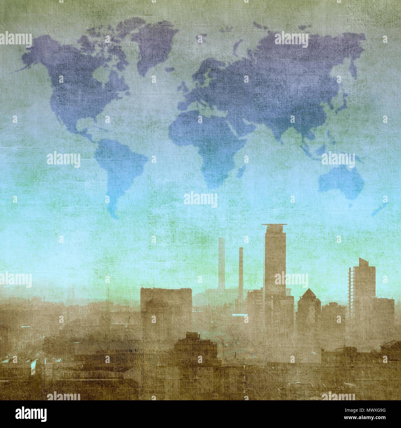 Grunge textured city skyline with world map in the sky. Elements of ...