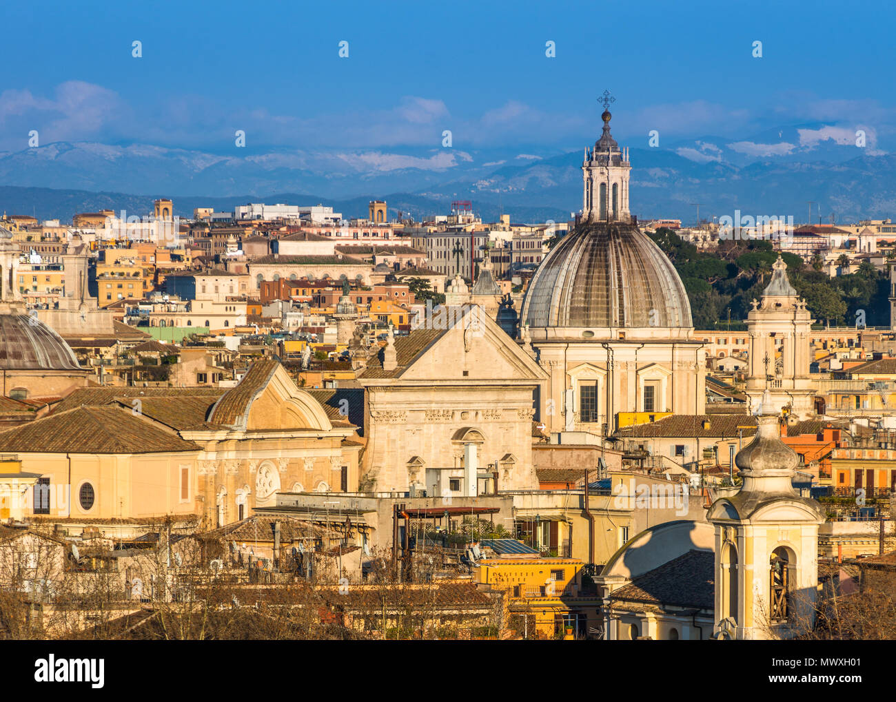 Historic Rome city skyline with domes and spires seen from Janiculum ...