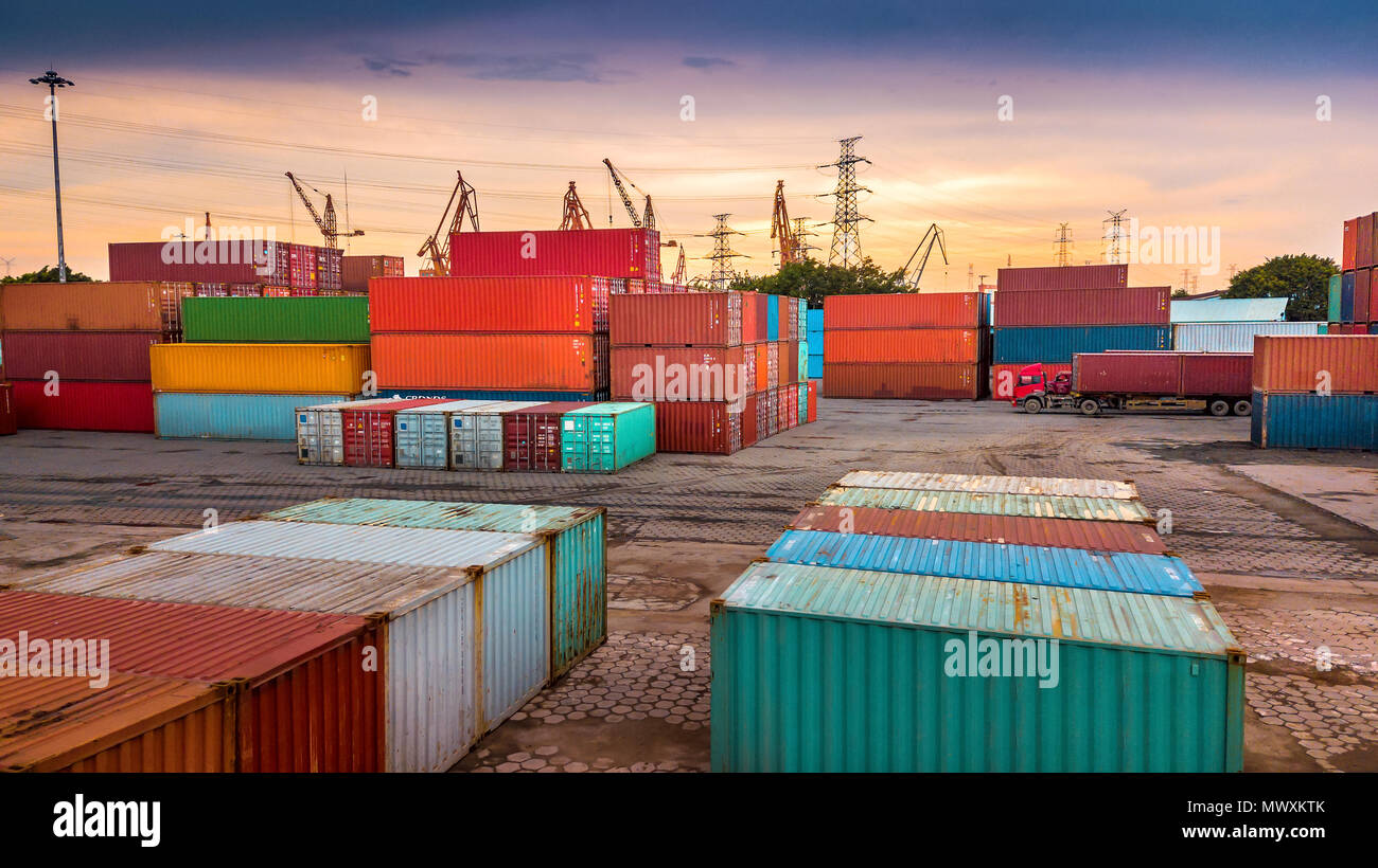 Aerial shooting of containers at Huangpu Terminal in Guangzhou, China ...