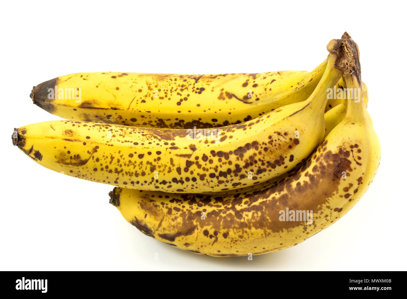 Ripe yellow bananas fruits, bunch of ripe bananas with dark spots on a ...