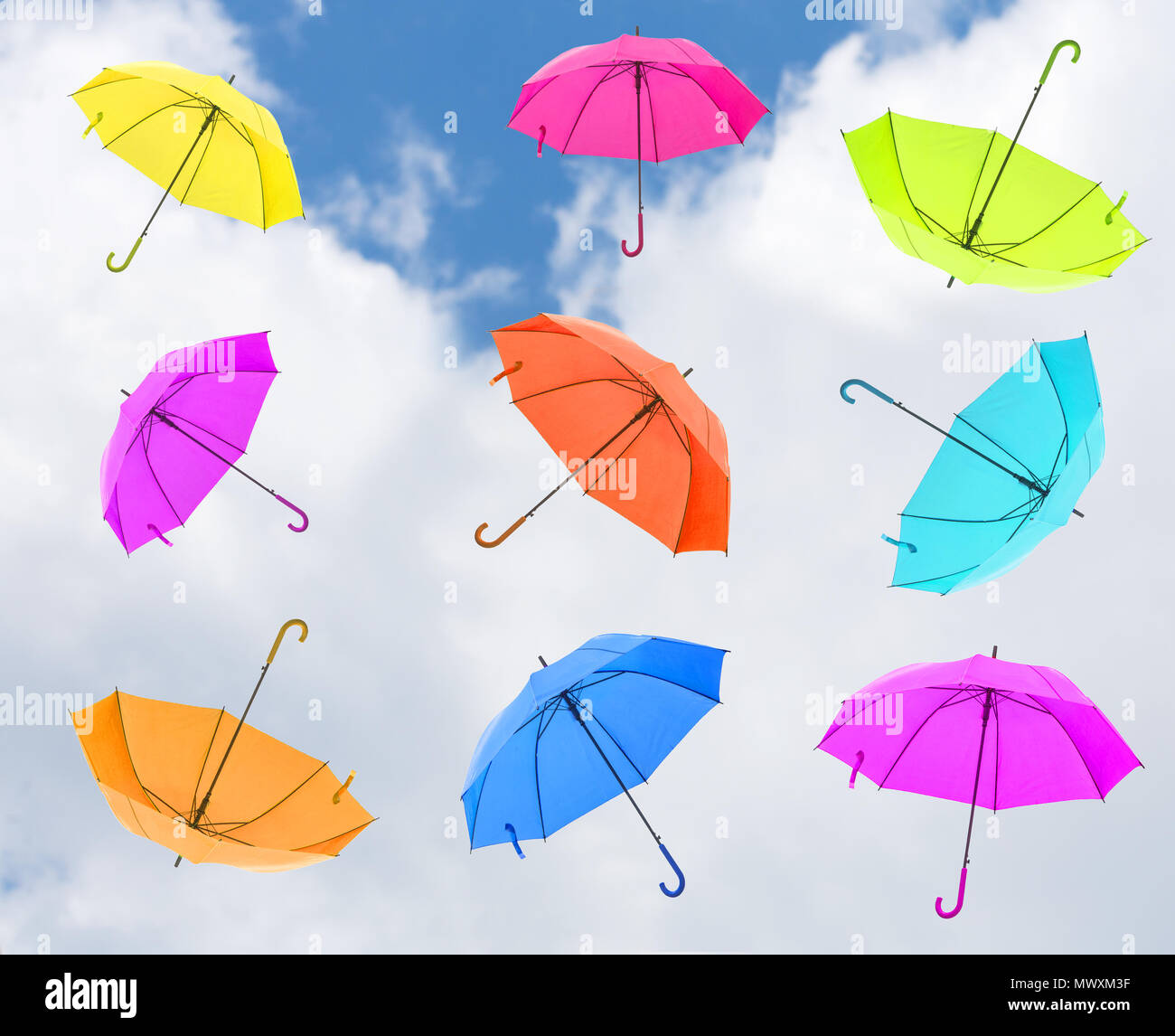 Colorful and beautiful umbrellas in blue sky background, Street ...