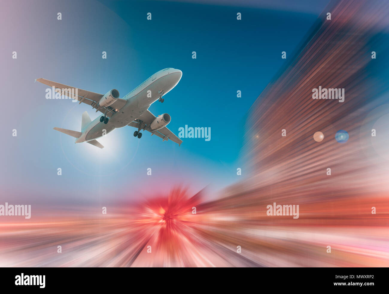 Airplane flying with dynamic colorful motion blur abstract background ...