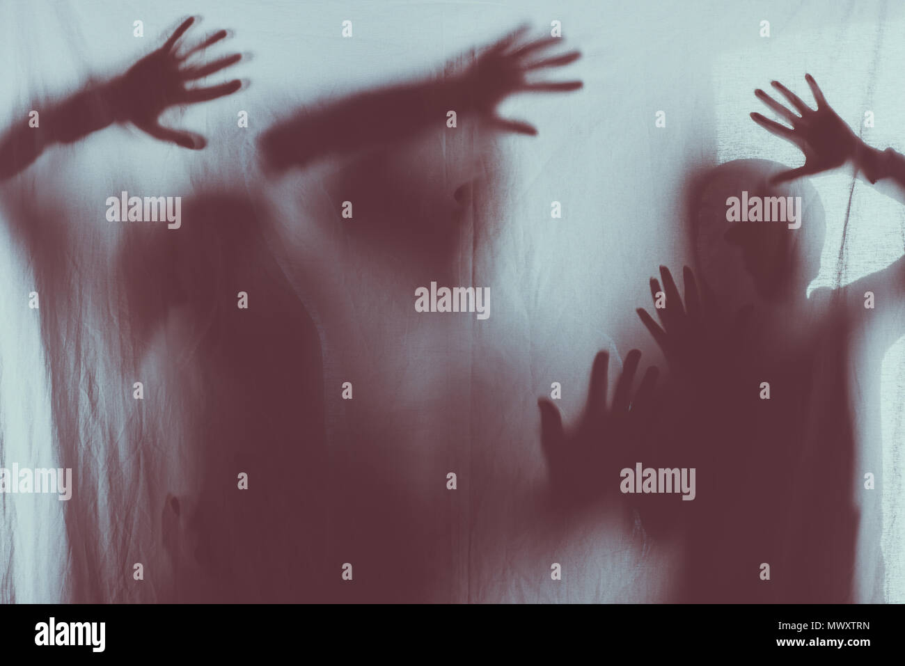 blurry scary silhouettes of people touching frosted glass with hands ...