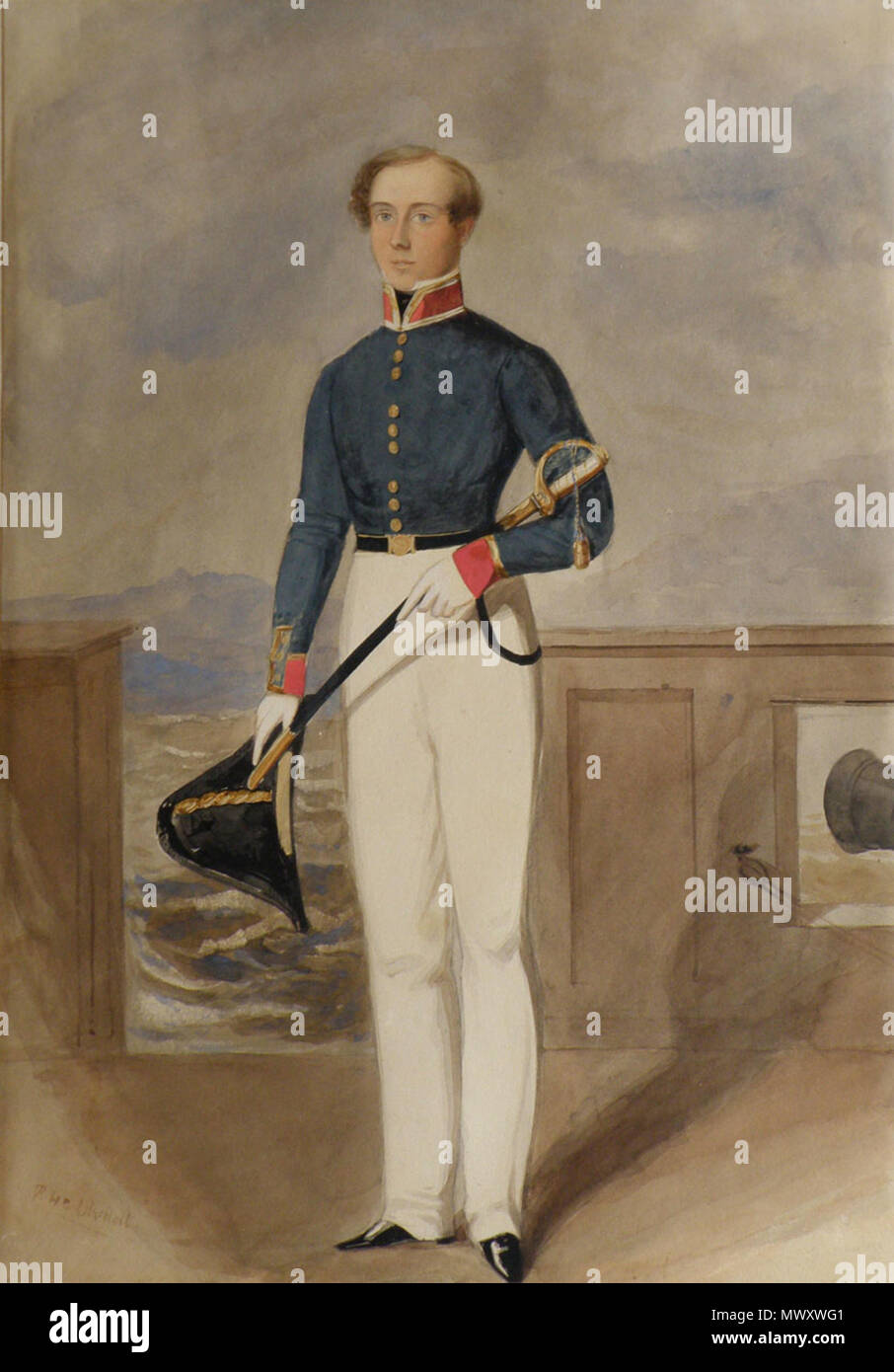 . English: Portrait of a Naval surgeon standing on the deck of his ship ...