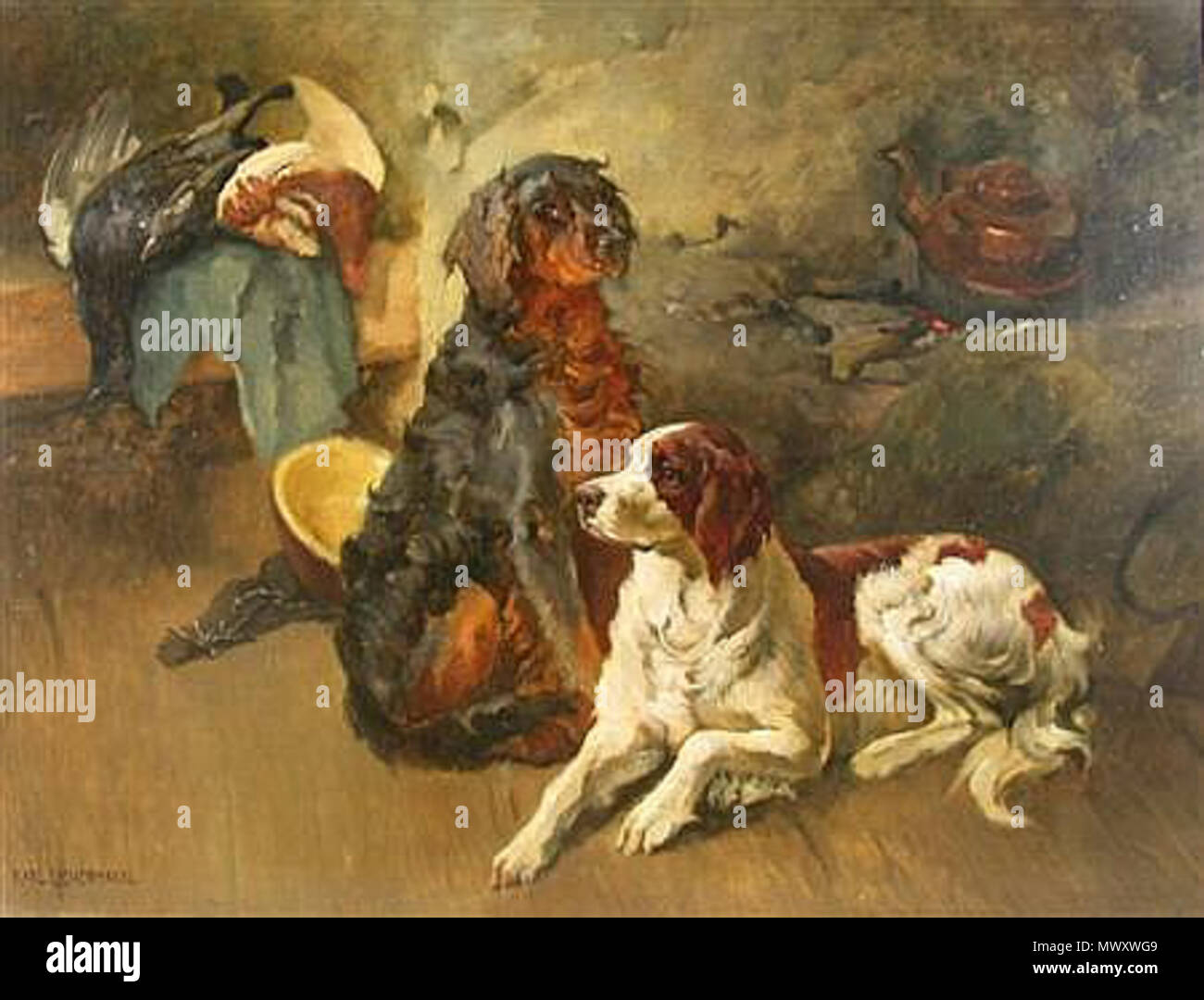 . English: TWO SPANIELS WITH GAME . before 1940. Karl Uchermann (1855 ...