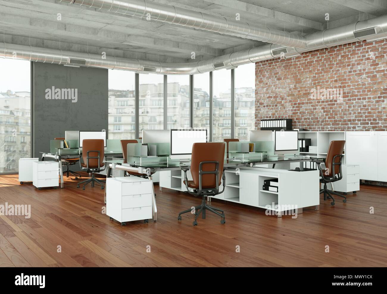 modern large office interior Desing 3d Rendering Stock Photo - Alamy