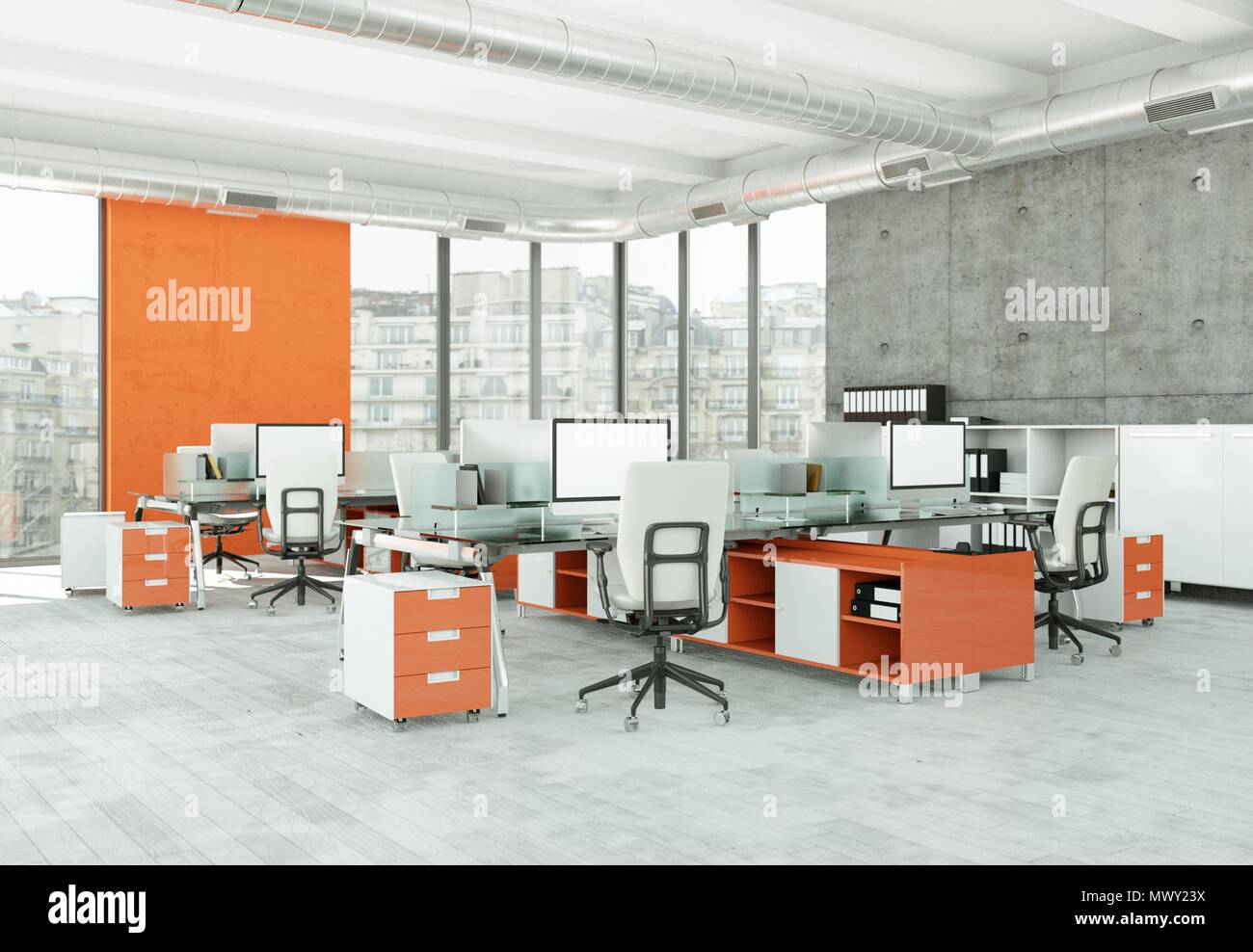 modern large office interior Desing 3d Rendering Stock Photo - Alamy