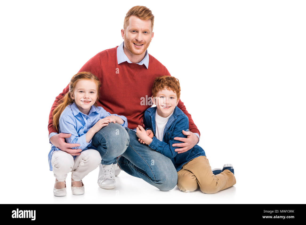 happy father with cute little kids smiling at camera isolated on white ...
