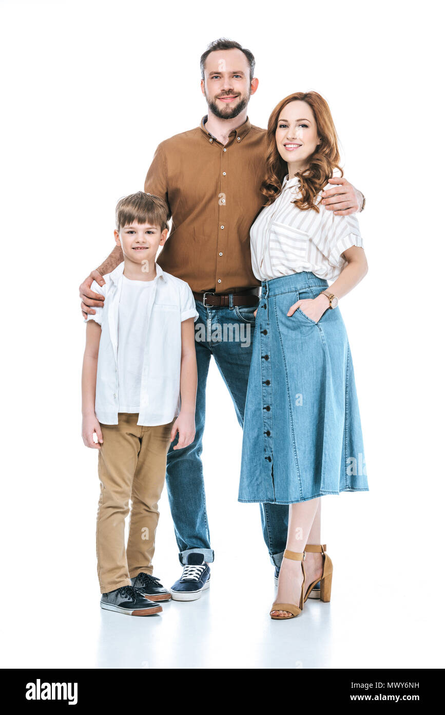 full length view of happy family with one child standing together and ...