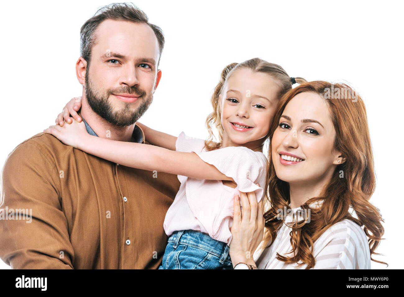 happy family with one child smiling at camera isolated on white Stock ...