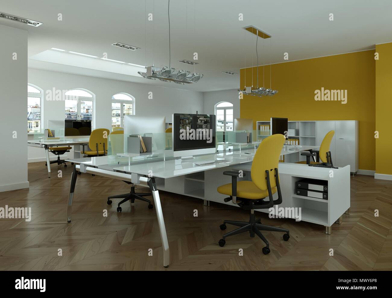 modern yellow office interior Design 3d rendering Stock Photo - Alamy