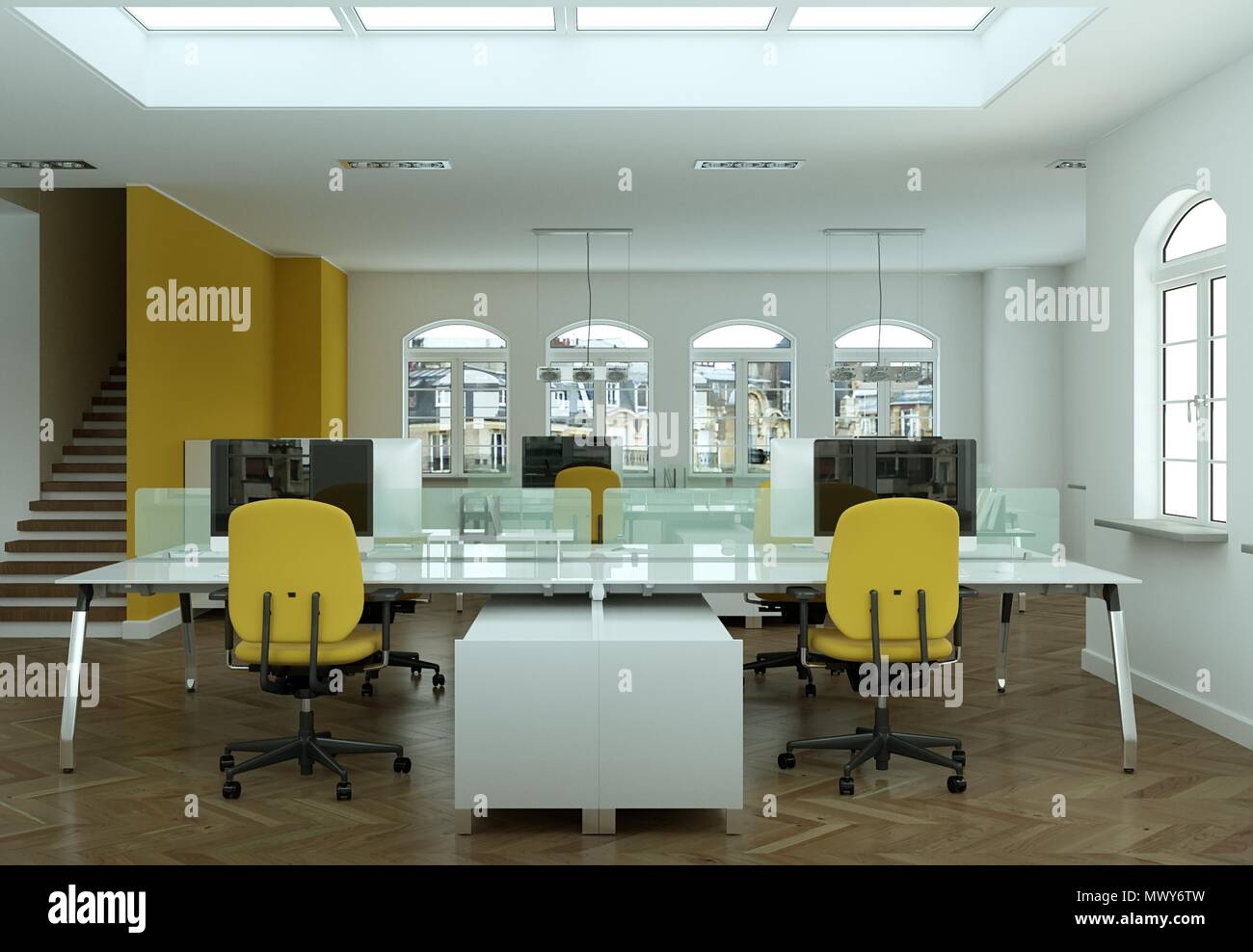 modern yellow office interior Design 3d rendering Stock Photo - Alamy