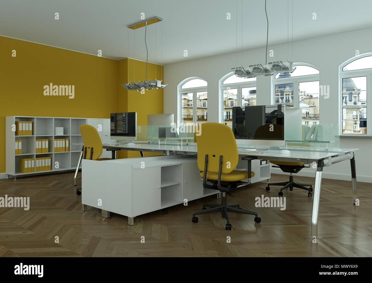 modern yellow office interior Design 3d rendering Stock Photo - Alamy