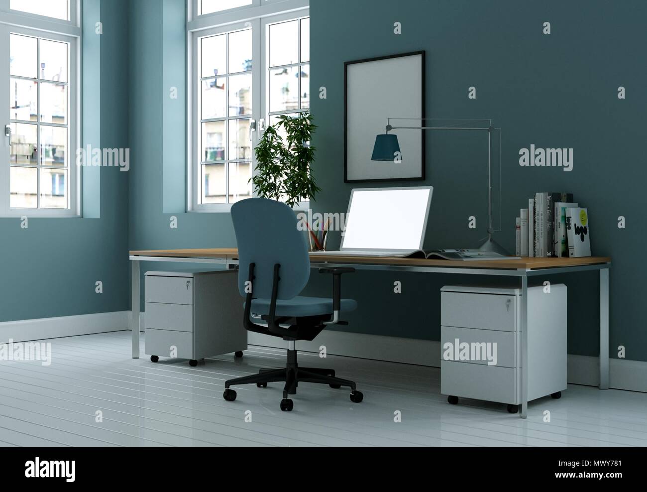 Modern blue home office interior design 3d Rendering Stock Photo - Alamy