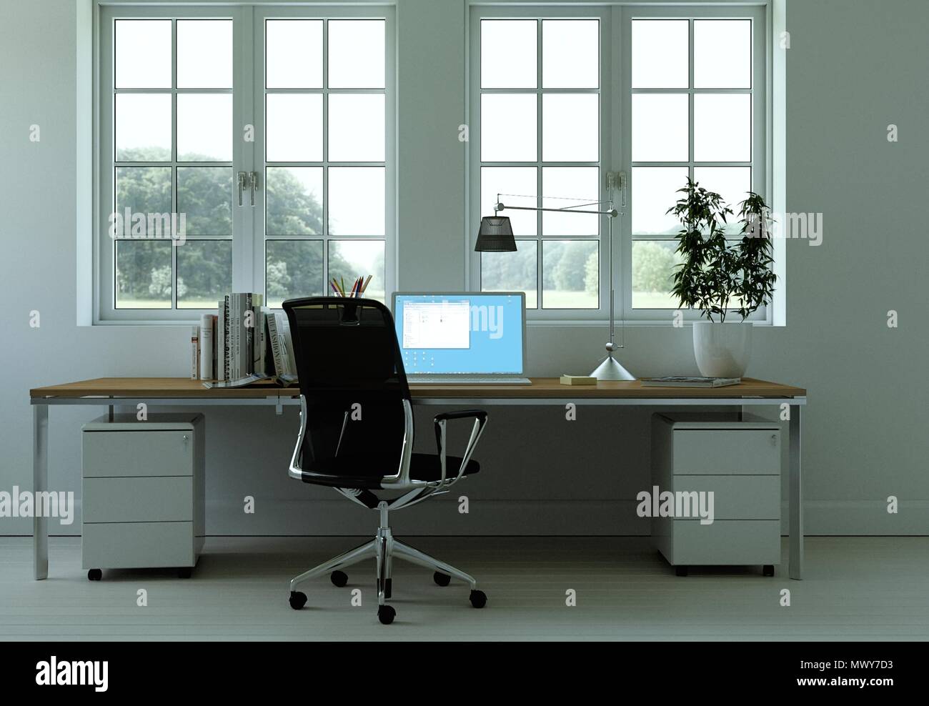 Modern white home office interior design 3d Rendering Stock Photo - Alamy