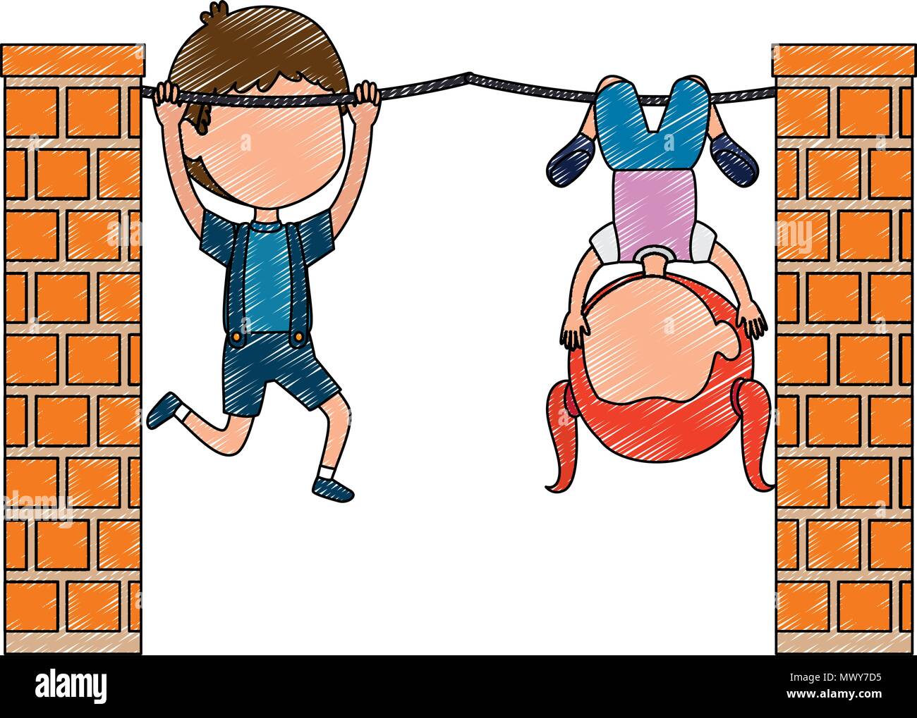 little kids couple hanging in the rope characters vector illustration ...