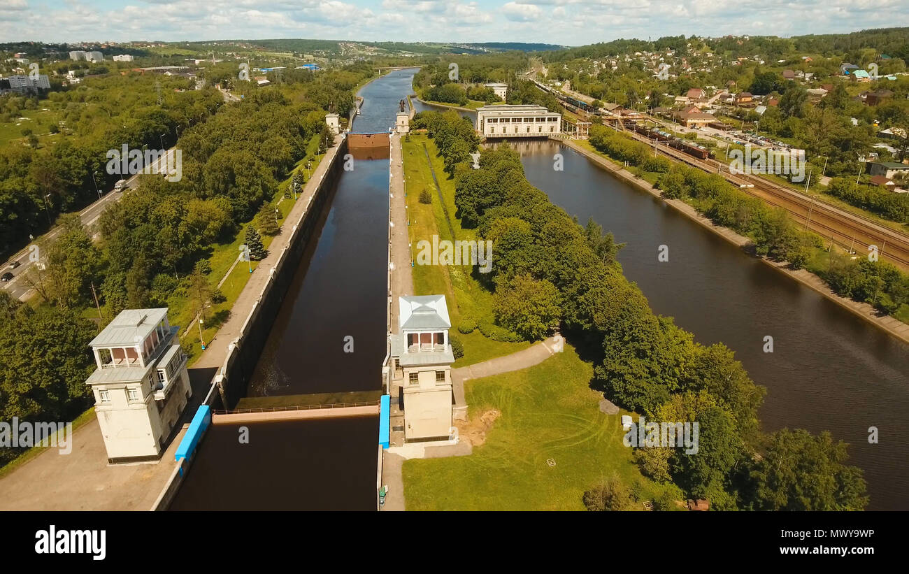 Sluice Gates on the River. Aerial view river sluice construction, water ...
