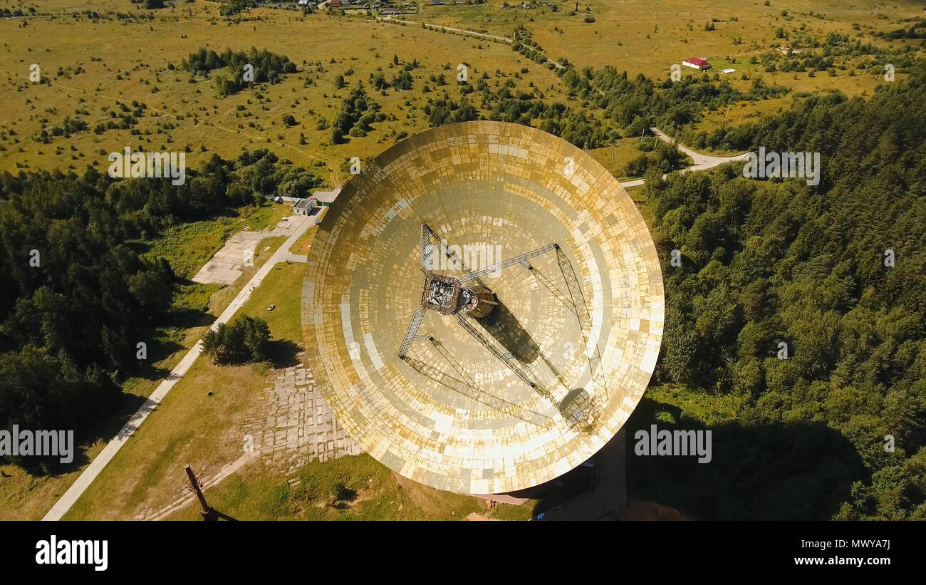 Radio astronomy observatory located in the forest. Aerial view Giant ...