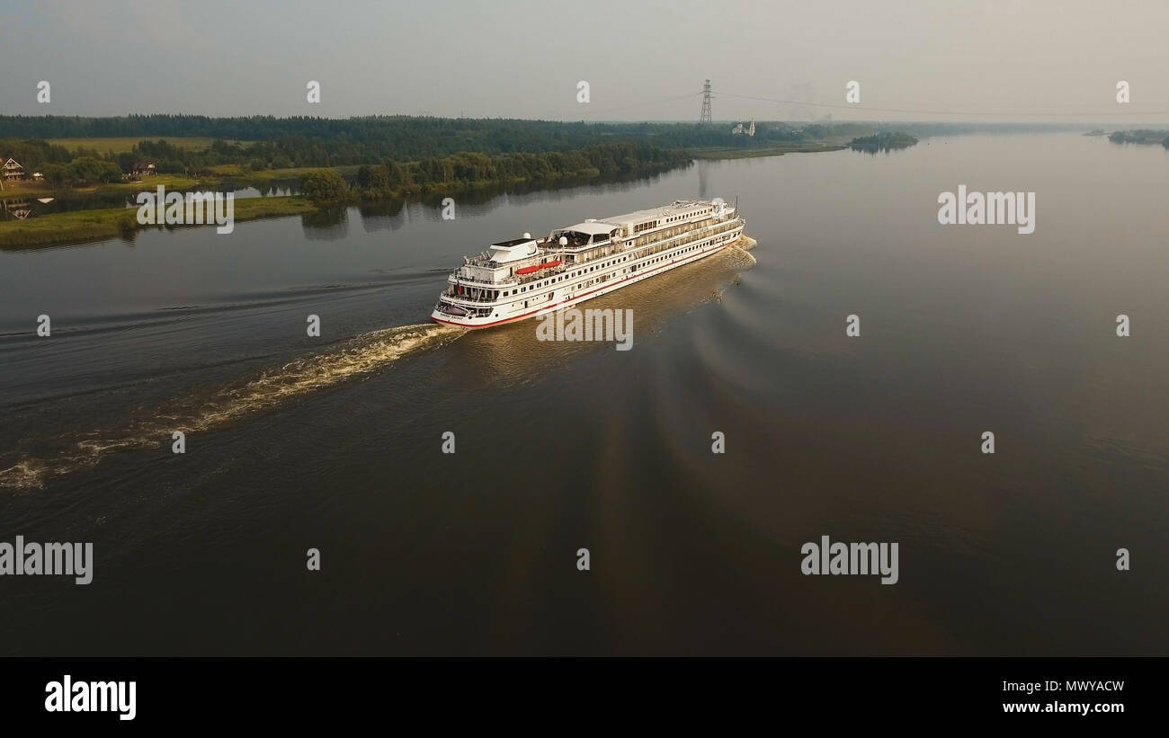 Aerial view.Large white cruise ship on a river.Cruise ship sailing ...