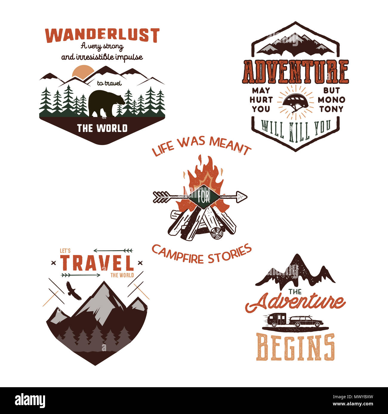 Vintage adventure tee shirts designs, summer logo set. Hand drawn ...