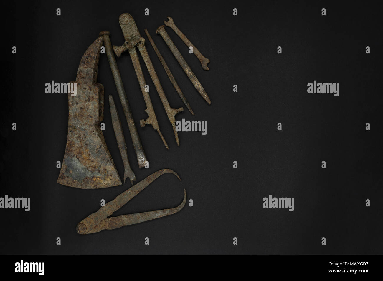 Very old and rusty tools on black background with free space Stock ...