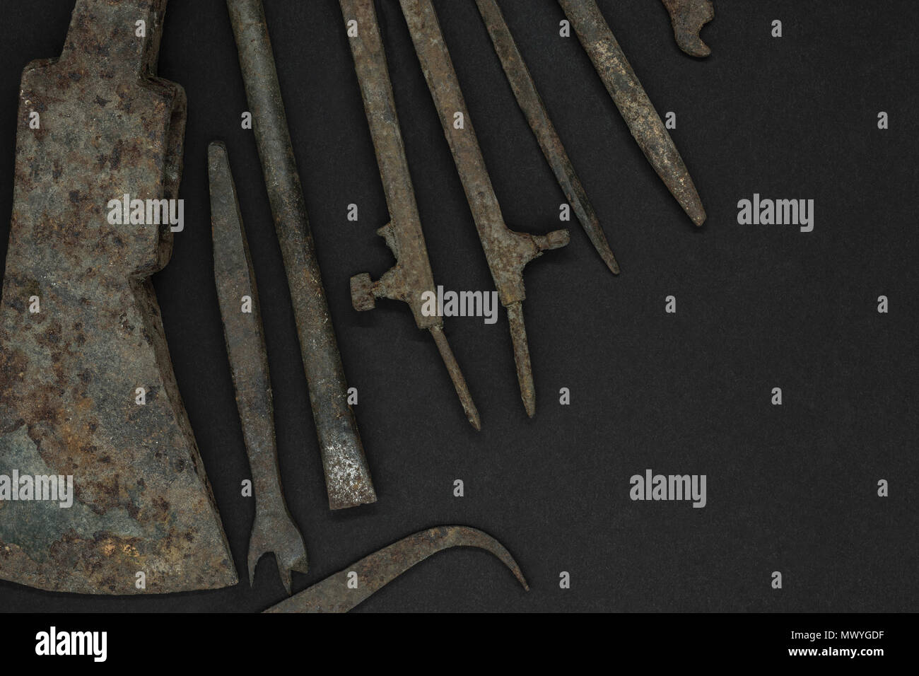 Very old and rusty tools on black background with free space Stock ...
