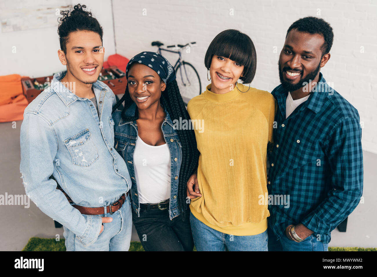 high angle view of smiling group of multicultural friends Stock Photo ...