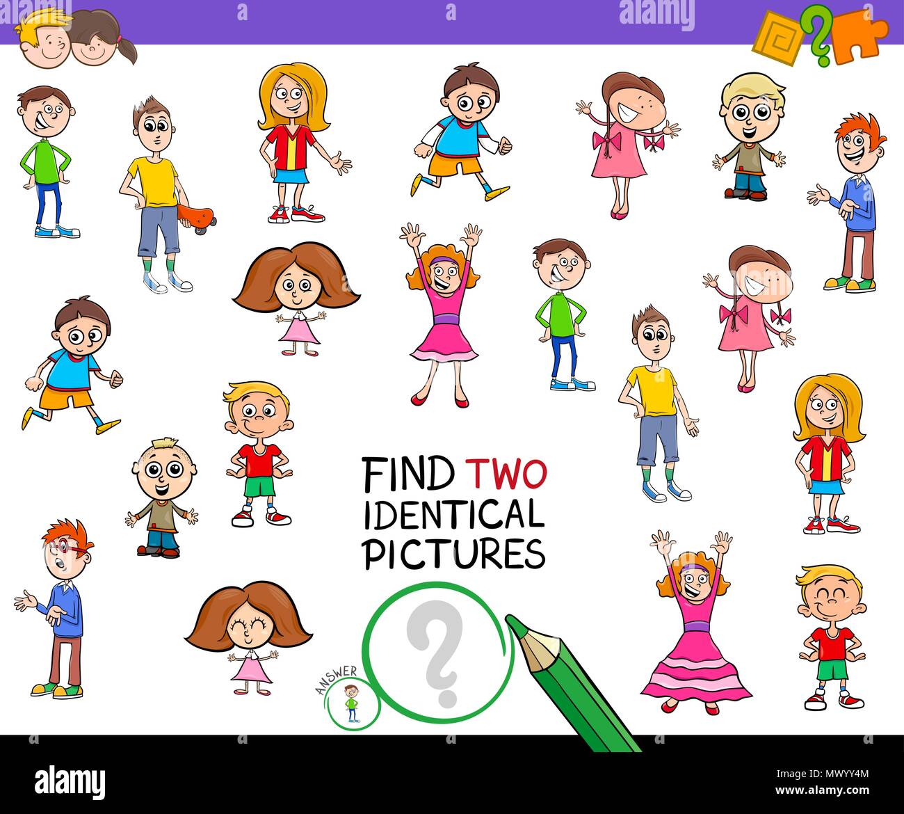 Cartoon Illustration of Finding Two Identical Pictures Educational Game ...