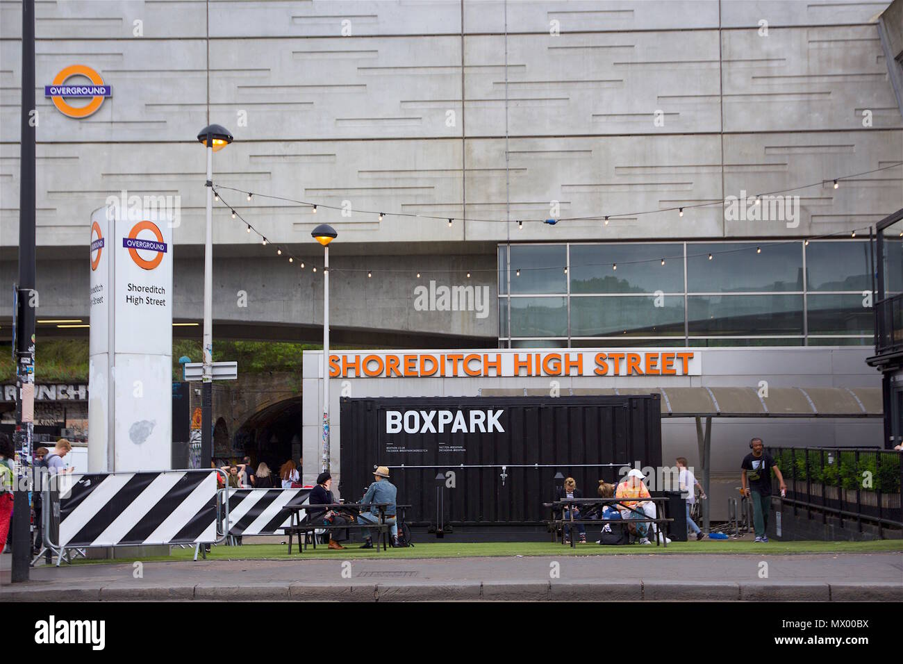 Shoreditch High street showing Boxpark Shoredtich and the sign for the ...