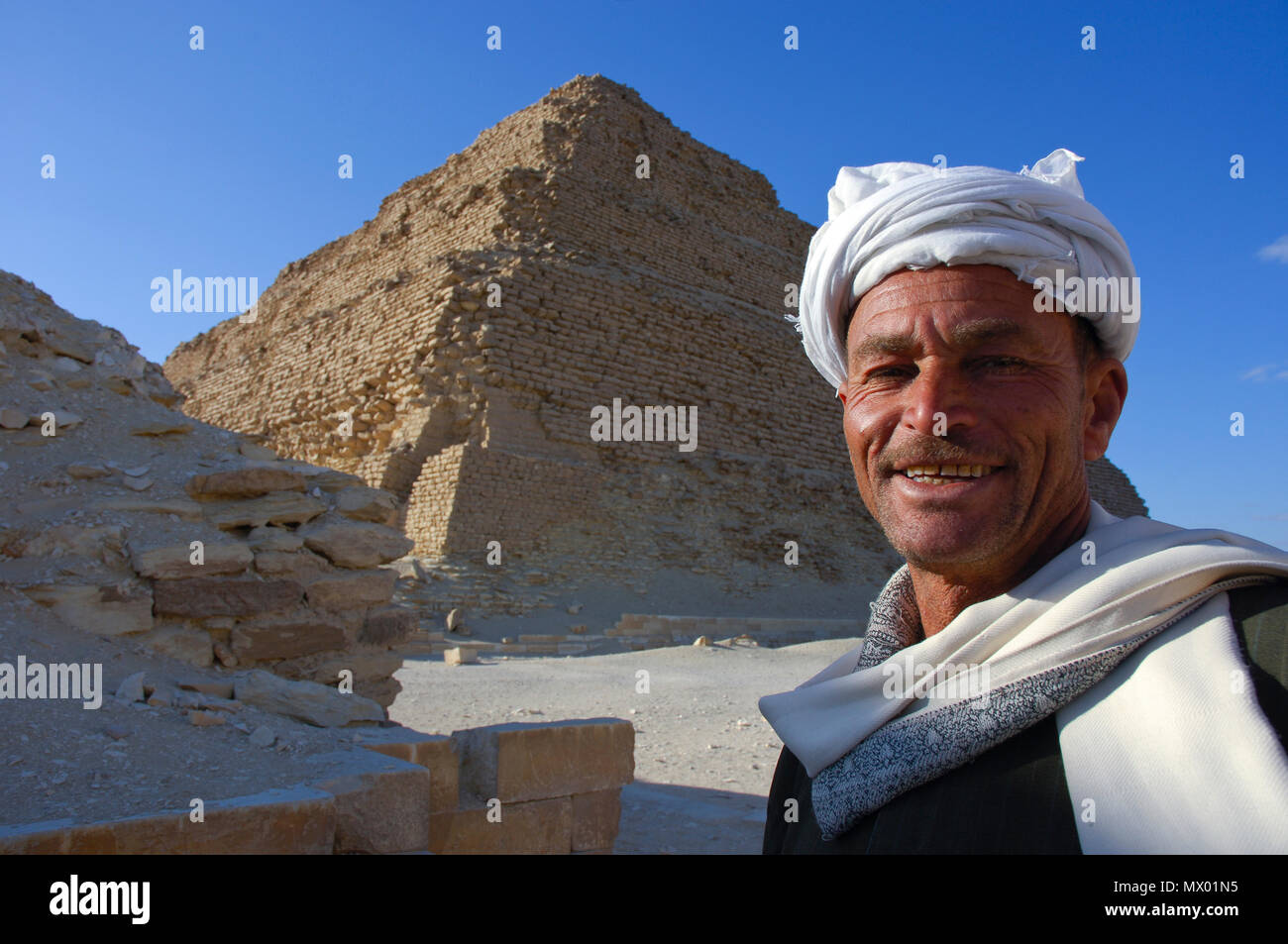 Egyptian man near Saqqara pyramid in Giza, Cairo, Egypt on 02-09-2006 ...