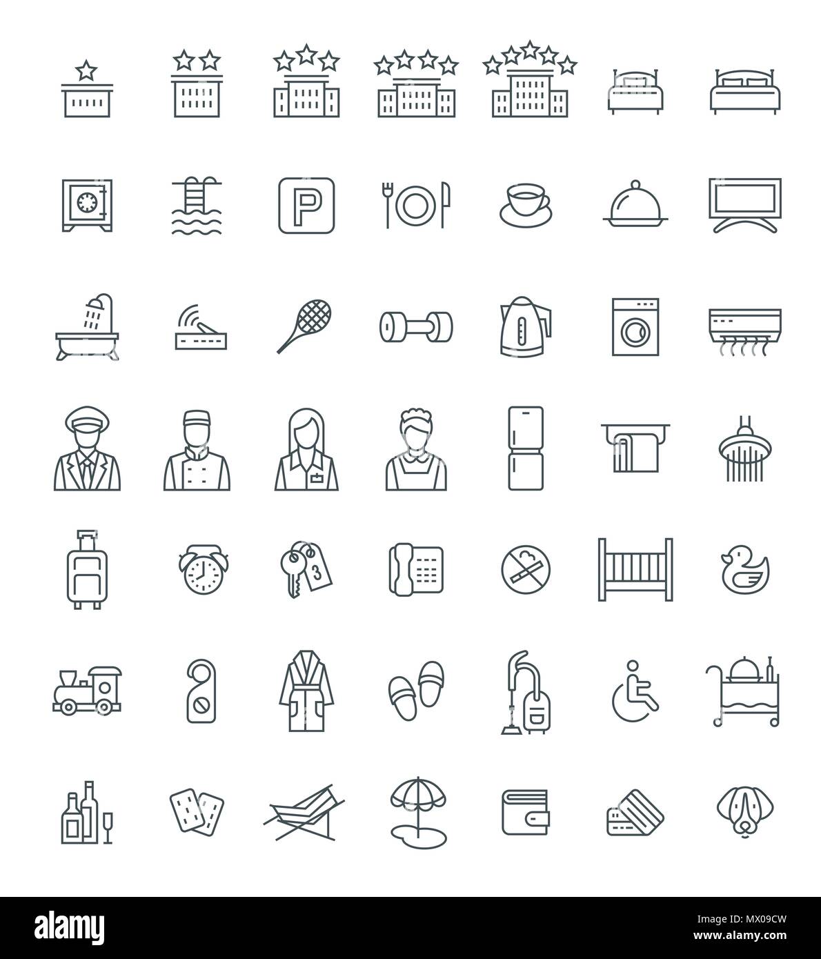 Hotel services vector outline icons set. Simple linear pictograms ...