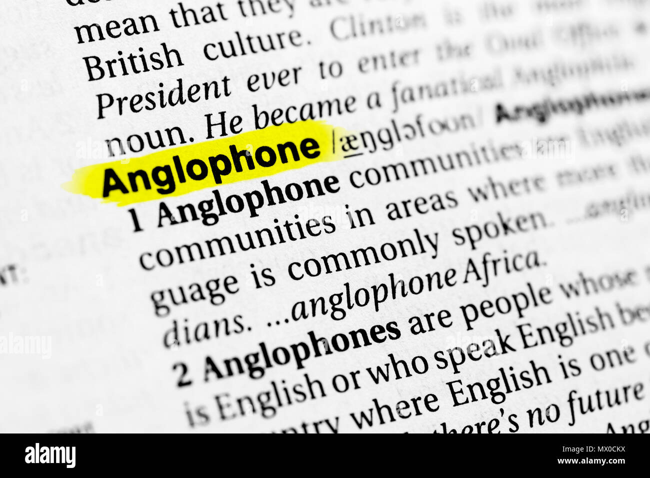 Highlighted English word "anglophone" and its definition in the ...