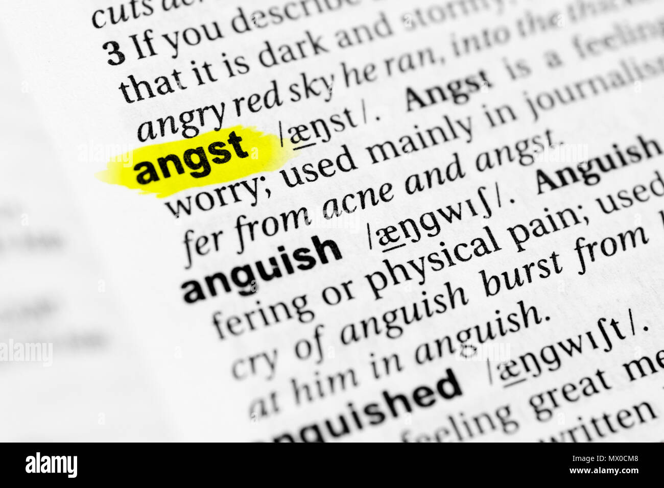 Highlighted English word "angst" and its definition in the dictionary ...