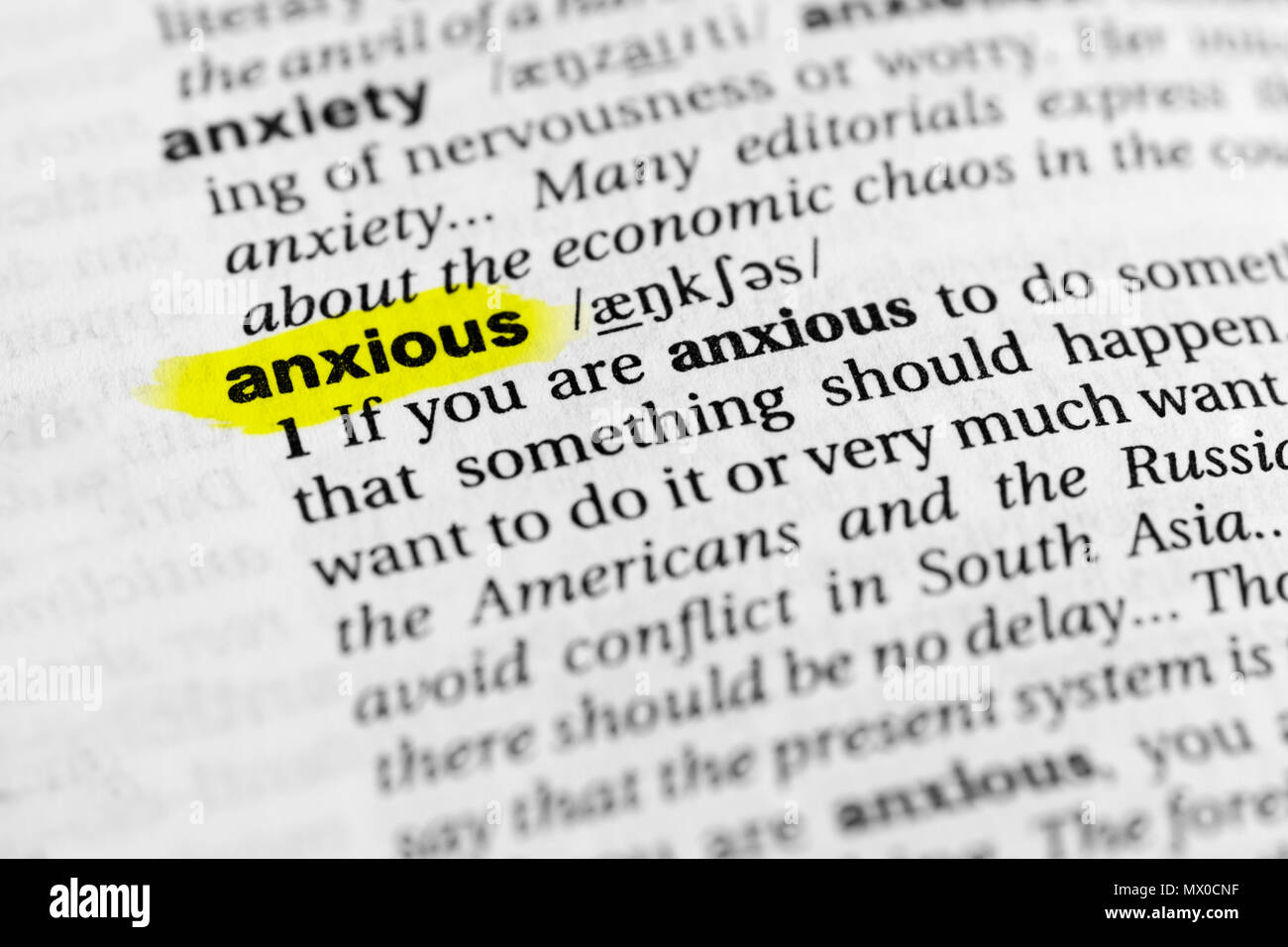 Highlighted English word "anxious" and its definition in the dictionary ...