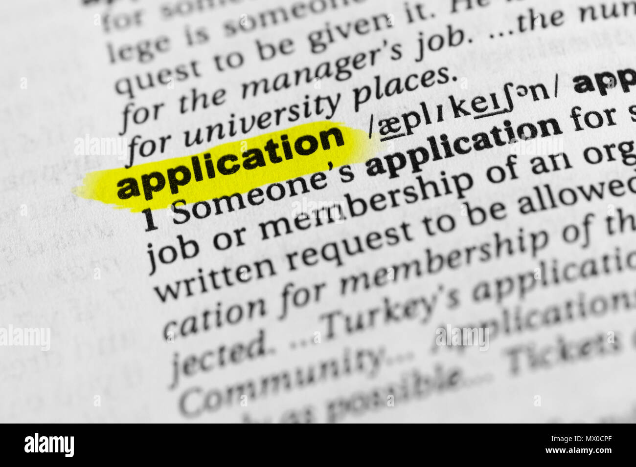 Highlighted English word "application" and its definition in the ...