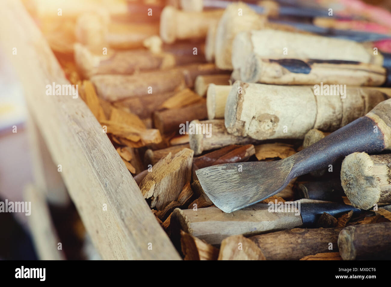 Wood craft equipment object wood carve with a gouge on the workbench in ...