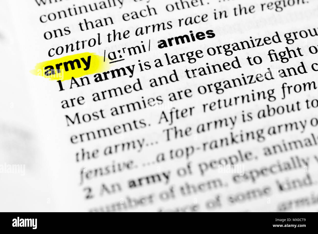 Highlighted English word "army" and its definition in the dictionary ...
