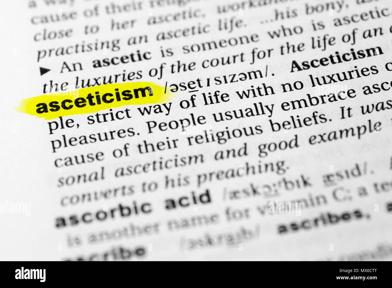Highlighted English word "asceticism" and its definition in the ...