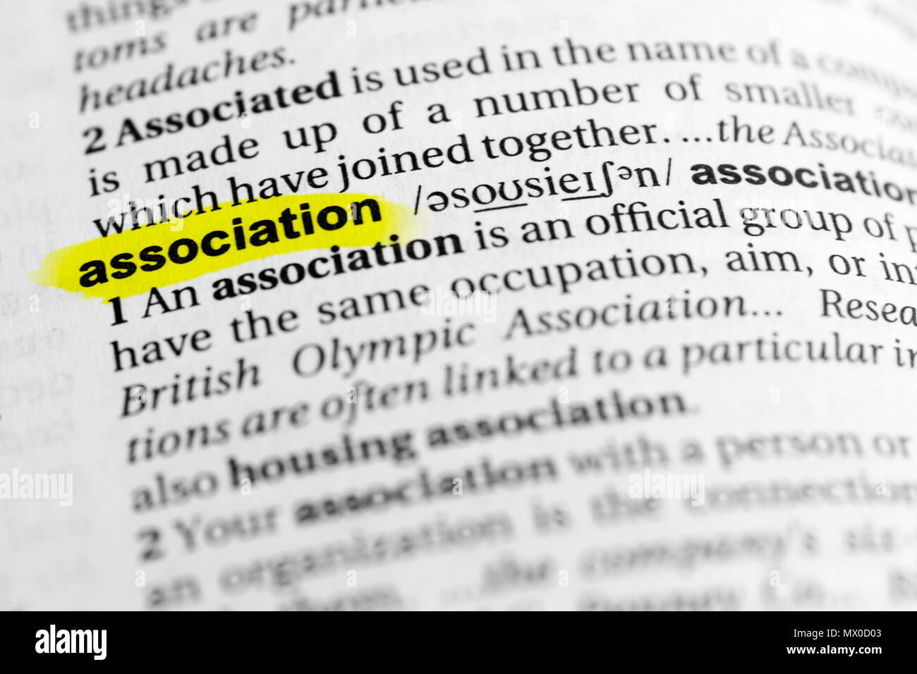 Highlighted English word "association" and its definition in the ...