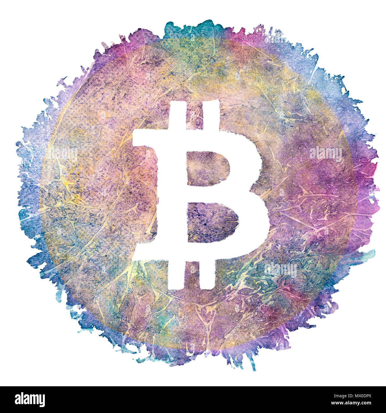 White bitcoin symbol on colorful circle background, watercolor hand ...