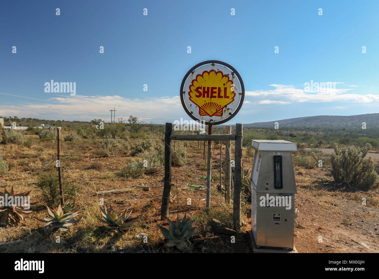Shell petroleum sign on the road in the Addo Elephant National Park ...