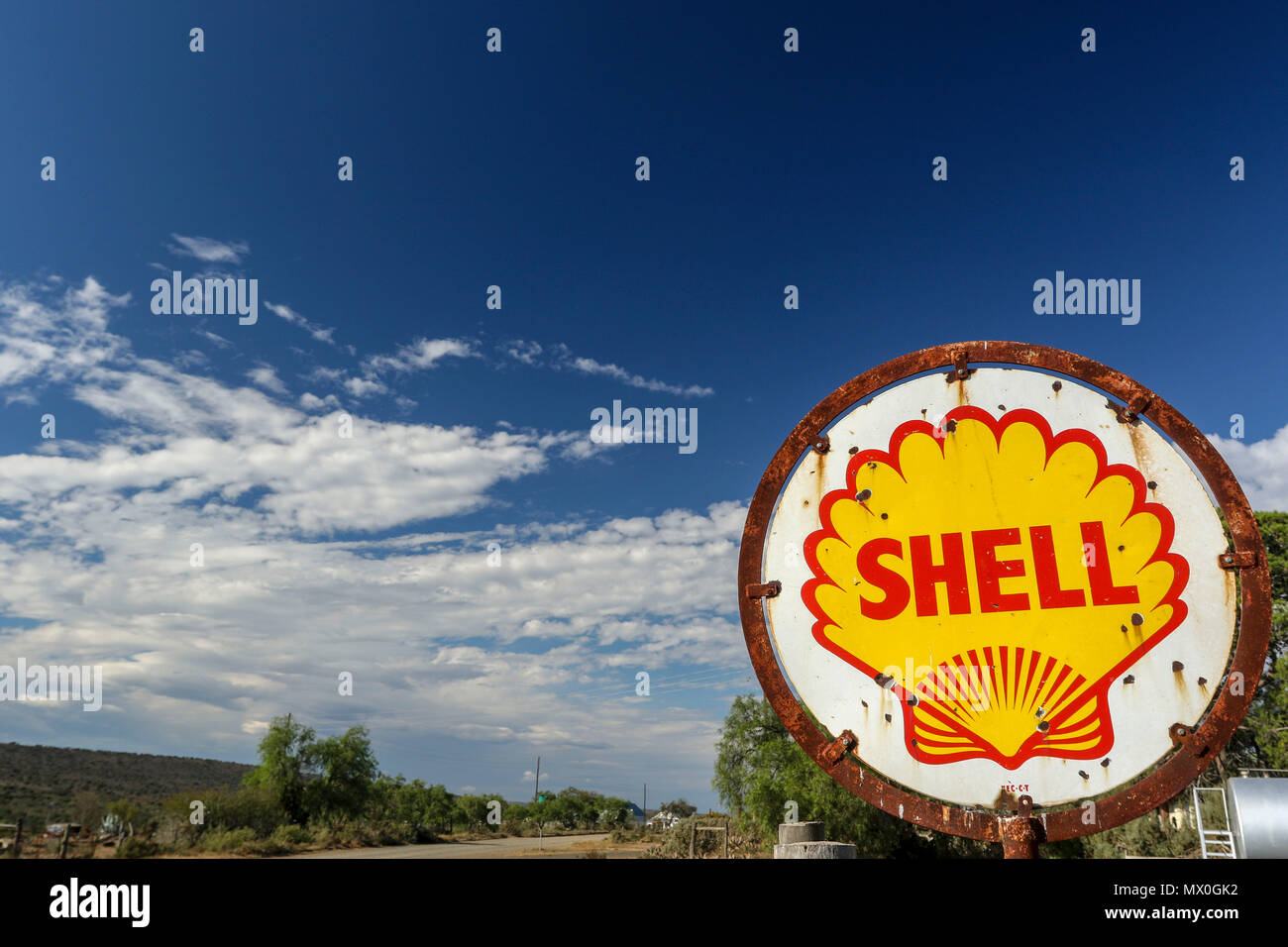 Shell petroleum sign on the road in the Addo Elephant National Park ...