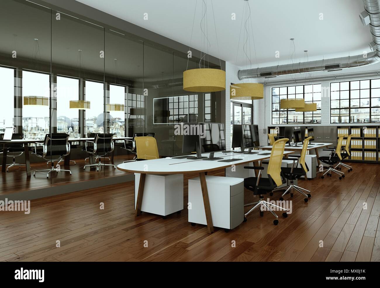 modern brown yellow office interior Design 3d rendering Stock Photo - Alamy