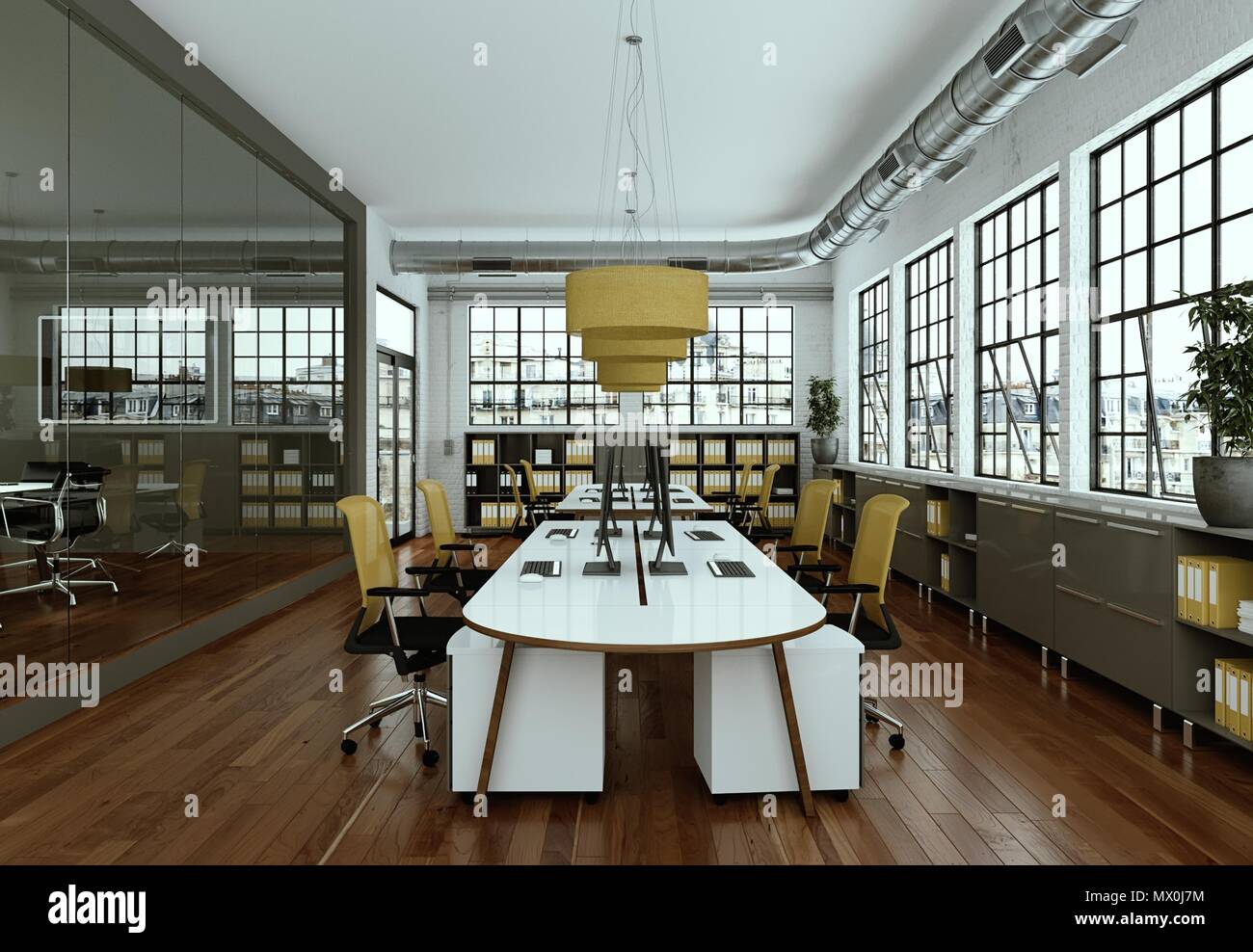 modern brown yellow office interior Design 3d rendering Stock Photo - Alamy