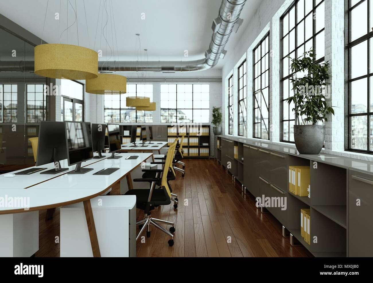 modern brown yellow office interior Design 3d rendering Stock Photo - Alamy