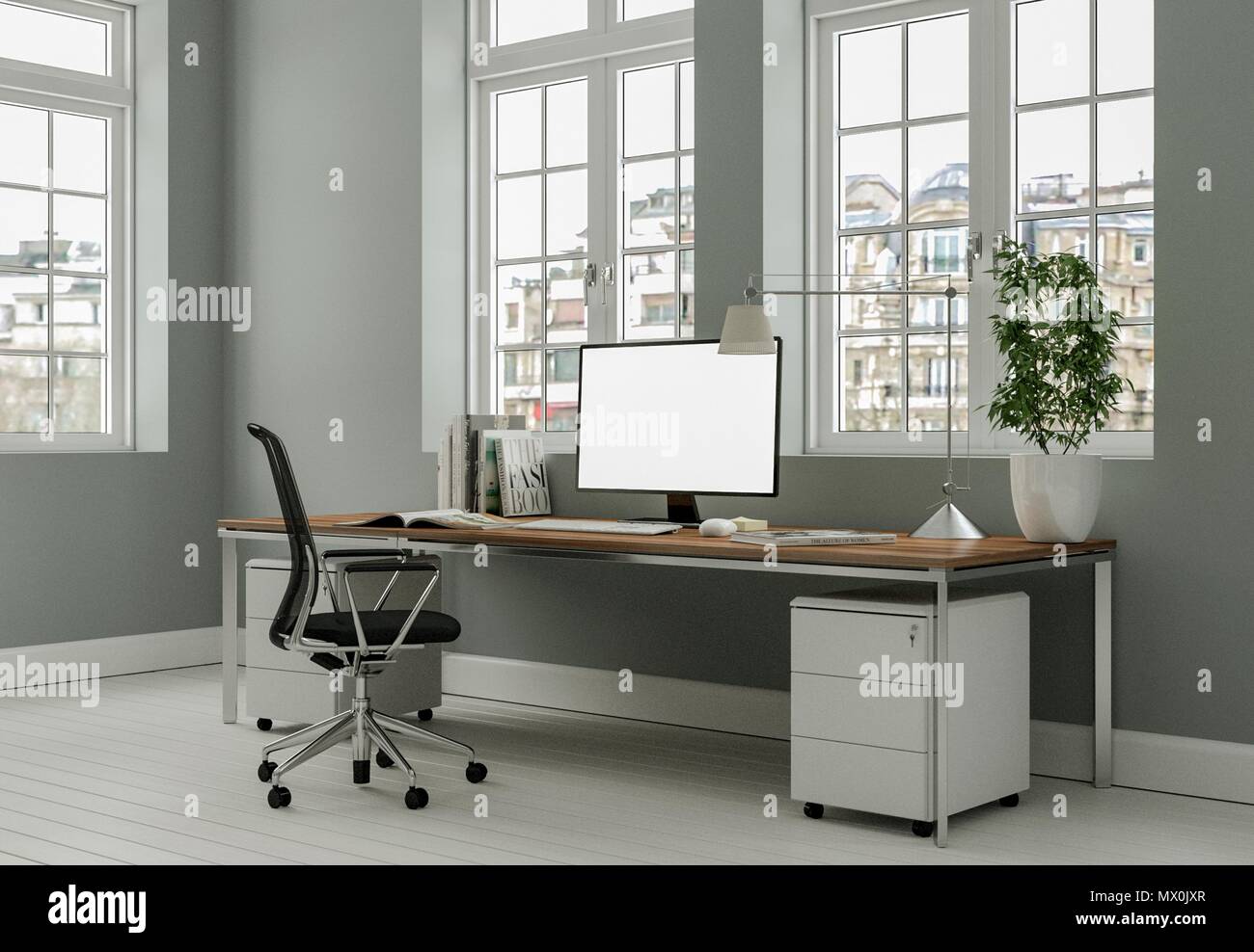 Modern white home office interior design 3d Rendering Stock Photo - Alamy