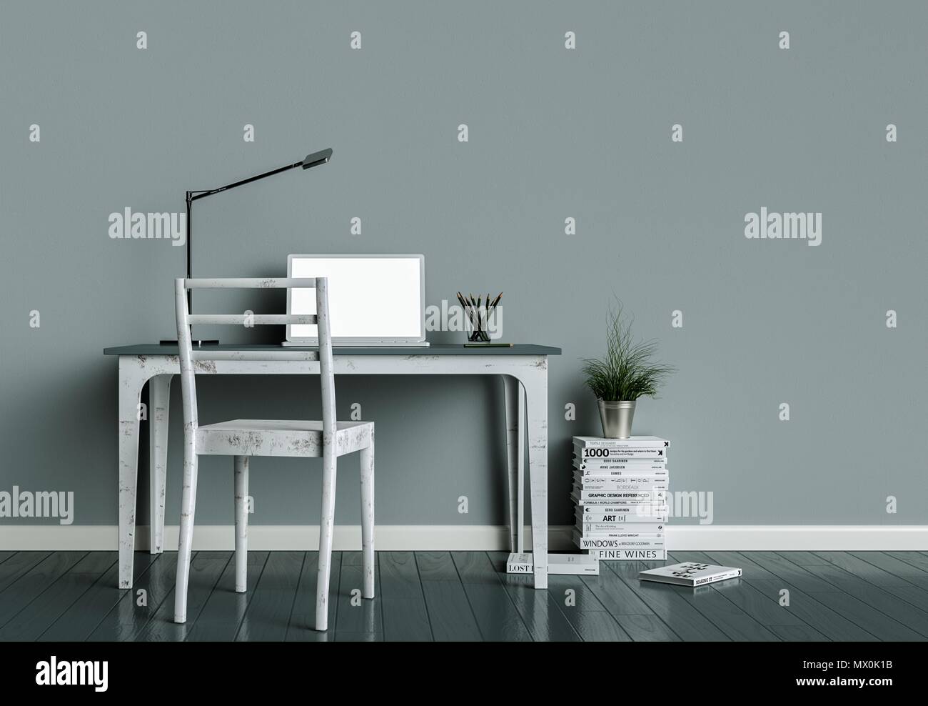 Modern grey home office interior design 3d Rendering Stock Photo - Alamy